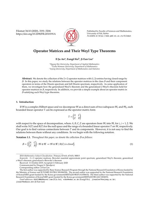 Pdf Operator Matrices And Their Weyl Type Theorems