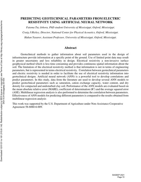 Pdf Predicting Geotechnical Parameters From Electric Resistivity Using Artificial Neural Network