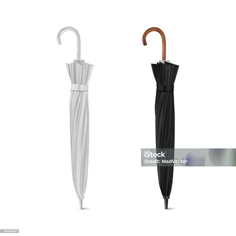 벡터 3d 사실적인 렌더링 흰색과 검은 색 빈 우산 아이콘 설정 닫닫기 흰색 배경에 격리 모형 브랜딩 광고 등을 위한 닫힌 파라솔의 디자인 템플릿 정면 보기 0명에 대한