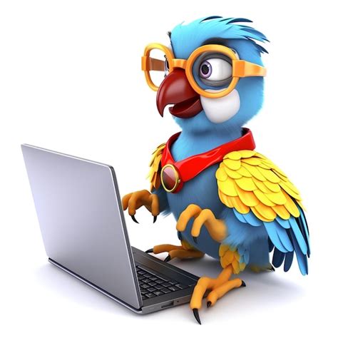 premium photo parrot using round glasses work with computer 3d