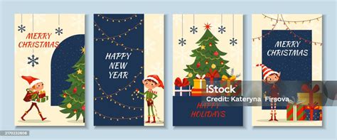 엘프와 겨울 휴가 카드 세트 산타 클로스 작은 도우미 재미있는 캐릭터 귀여운 아이 디자인 카드 전단지 배너 벡터 템플릿과 함께 메리 크리스마스 2025 커버 1월에 대한