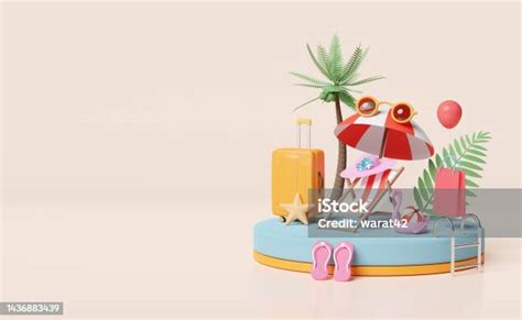 주황색 여행 가방 해변 의자 선글라스 풍선 플라밍고 샌들 야자 잎 쇼핑 종이 봉지 여름 여행 또는 온라인 쇼핑 여름 판매 개념 3d 그림 또는 3d 렌더링이 있는 무대 연단