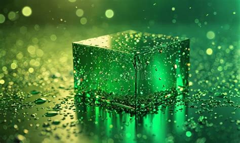 3d Green Cube Shaped Object With Reflective Surface Surrounded By Water Droplets And Green Glow