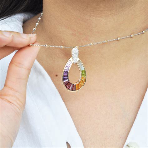 14k Gold Door Knocker Rainbow Baguette Gemstones Diamond Pendant Earrings Set For Sale At