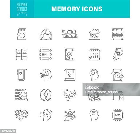 메모리 아이콘 편집 가능한 스트로크 세트에는 브레인 데이터 메모리 Ssd와 같은 아이콘이 포함되어 있습니다 아이콘에 대한 스톡 벡터 아트 및 기타 이미지 Istock