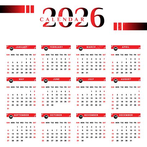 2026 Calendar With Black And Red Geometric Shape Vector Calendar 2026