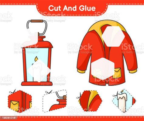 랜턴과 따뜻한 옷의 일부를 잘라 접착제 교육 어린이 게임 인쇄 워크 시트 벡터 일러스트레이션 0명에 대한 스톡 벡터 아트 및