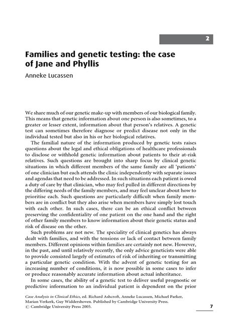 Lucassen 2005 Families And Genetic Testing The Case Of Jane And Phyllis
