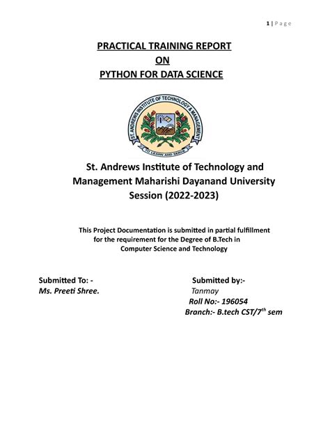 Practical Training Report Practical Training Report On Python For Data Science St Andrews