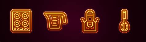세트 라인 가스 렌지 계량 컵 주방 앞치마 및 거품기 빛나는 네온 아이콘입니다 벡터 가열장치에 대한 스톡 벡터 아트 및 기타