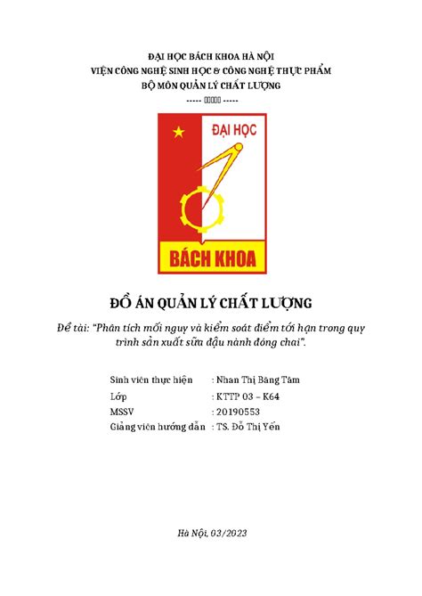haccp sữa đậu nành - Đ ẠI H ỌC BÁCH KHOA HÀ N ỘI VI ỆN CÔNG NGH Ệ SINH H ỌC & CÔNG NGH Ệ TH ỰC ...