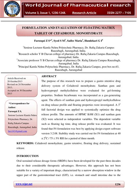 Pdf Formulation And Evaluation Of Floating Matrix Tablet Of