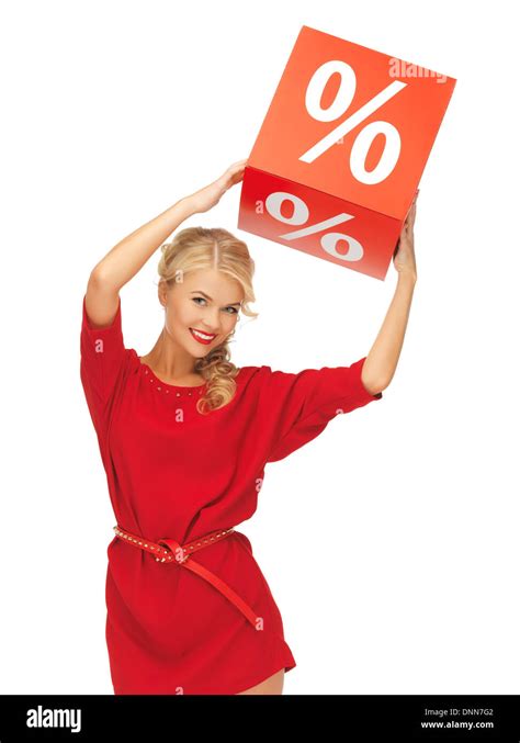 Lovely Woman In Red Dress With Percent Sign Stock Photo Alamy