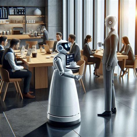 Modern Office Workers In Meeting With Robot Assistant Premium Ai