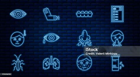 세트 라인 약병과 알약 콧물에 손수건 닭고기 달걀 상자 붉은 눈 알레르기 결막염 높은 인체 온도 콧물 및 흡입기 아이콘 벡터 건강 진단에 대한 스톡 벡터 아트 및 기타