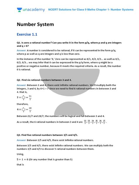 Class 9 Chapter 1 Number System Pdf Numbers Integer