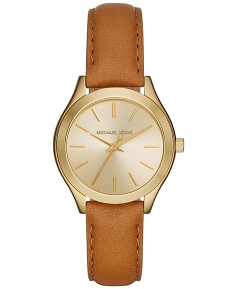 Michael Kors Womens Slim Runway Beige Luggage Leather Strap Watch 33mm