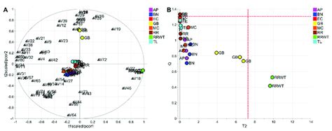 pca model of the whole data set biplot a and t2 q plot used to
