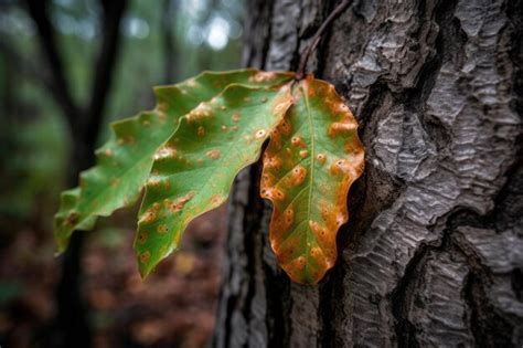 Premium AI Image Closeup View Of Leaves On A Tree Trunk In The Forest Created With Generative Ai