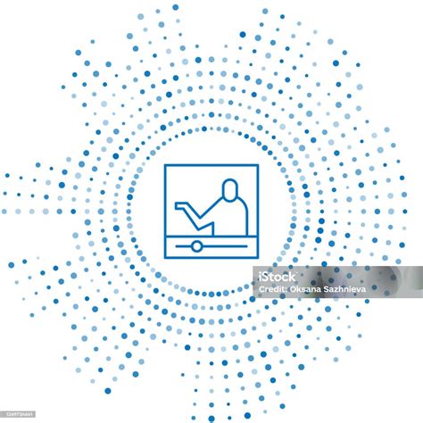 파란색 라인 온라인 교육 및 졸업 아이콘은 흰색 배경에 고립 모니터에 온라인 교사 웨비나 및 비디오 세미나 학습 추상 원 임의점 벡터 일러스트레이션 교육에 대한 스톡 벡터