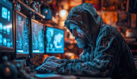 A Hacker In A Dark Hoodie Works Intently At Multiple Monitors