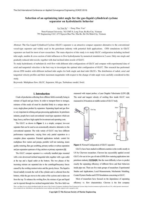 Pdf Selection Of An Optimizing Inlet Angle For The Gas Liquid Cylindrical Cyclone Separator On