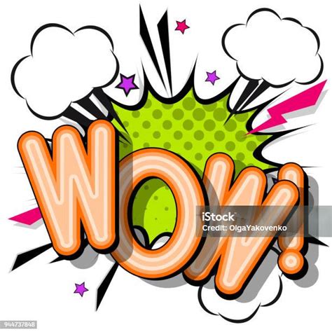 만화 디자인 연설 거품 와우레트로 문자 플래시 폭발 구름 번개 별 그림자 하프톤 패턴입니다 빈티지 팝 아트 스타일에 밝은 벡터