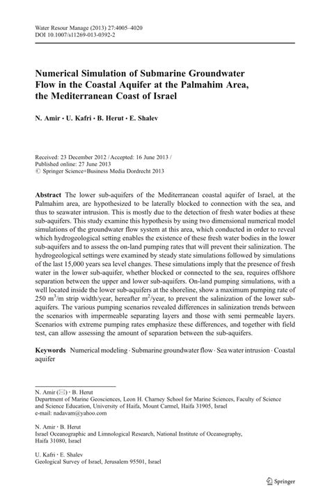 Pdf Numerical Simulation Of Submarine Groundwater Flow In The Coastal