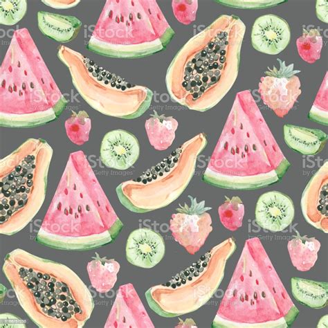 수채화 귀여운 매끄러운 패턴 아기 열대 과일과 배리 손으로 흰색 배경에 이국적인 꼬리를 그린 수박 딸기 파파야 여름 열대 프린트 직물 직물 Und 벽지 건강한 생활방식에