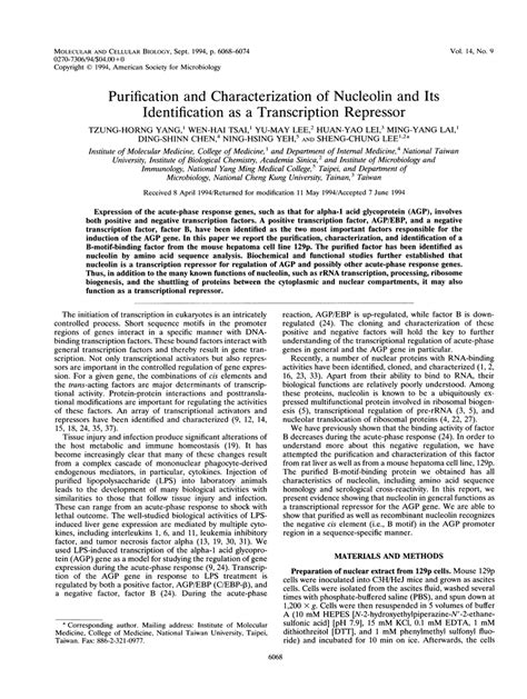 Purification And Characterization Of Nucleolin And Its Identification
