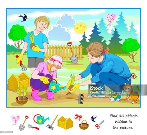 아이들을 위한 논리 퍼즐 게임 그림에 숨겨진 10 개의 물체를 찾으십시오 봄 정원에서 일하는 아이들 교육 페이지 온라인 플레이 Iq 테스트 세심함을위한 작업 벡터 만화