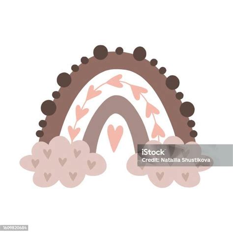 순진한 어린이 스타일의 구름이 있는 보헤미안 무지개 가을 색깔의 그림입니다 따뜻한 파스텔 색상의 무지개 인사말 카드 초대장 인쇄물 스티커 및 패턴 디자인을 위한 클립아트 0