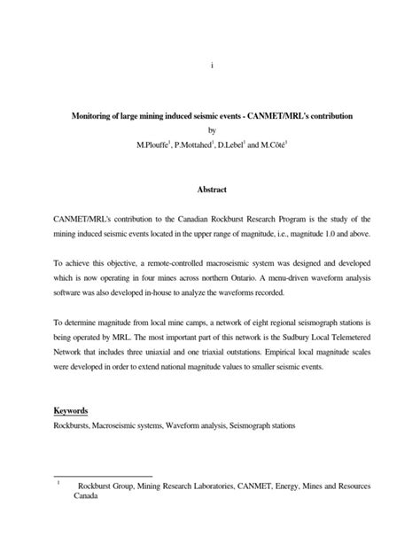 Monitoring Of Large Mining Induced Seismic Events Canmetmrls Contribution Pdf Seismology
