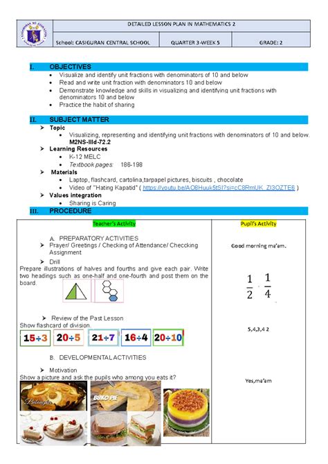Detailed Lesson Plan In Mathematics 2 Unit Fraction Detailed Lesson Plan In Mathematics 2