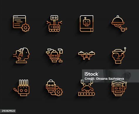기계 로봇 손 로봇 설정 컴퓨터 Api 인터페이스 공장의 로봇 팔 스마트 안경 및 드론 아이콘을 설정합니다 벡터 가공의 인물에 대한 스톡 벡터 아트 및 기타 이미지 Istock