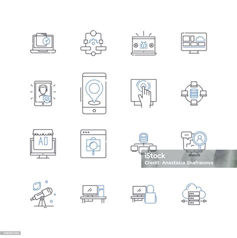 라인 아이콘 컬렉션을 모니터링합니다 디스플레이 화면 해상도 크기 새로 고침 밝기 대비 벡터 및 선형 그림 색깔 패널 종횡비 개략 표시 세트 0명에 대한 스톡 벡터 아트 및