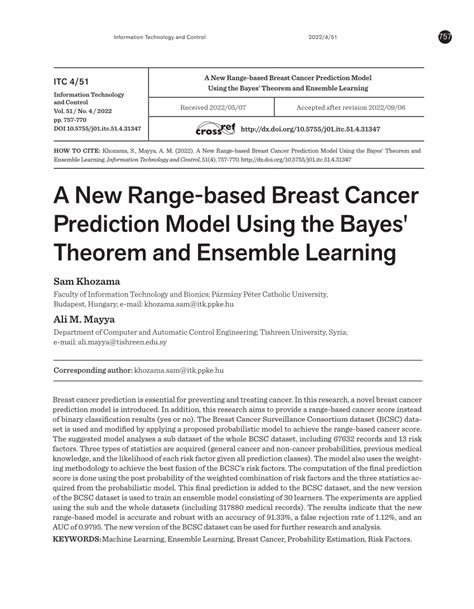 Pdf A New Range Based Breast Cancer Prediction Model Using The Bayes