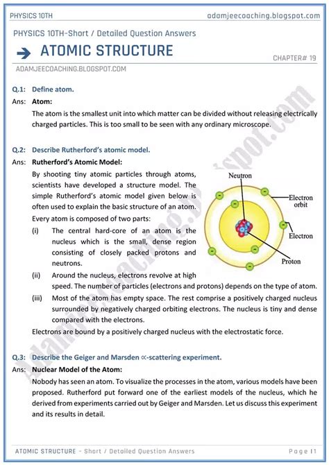 Adamjee Coaching Atomic Structure Short And Detailed Answer