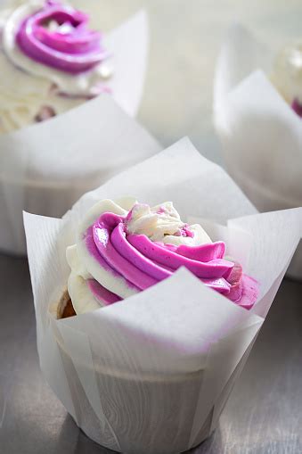 전문 과자 스튜디오에서 금속 테이블에 흰색 베이킹 양피지 케이스에 버터 크림으로 장식 컵 케이크 0명에 대한 스톡 사진 및 기타 이미지 Istock