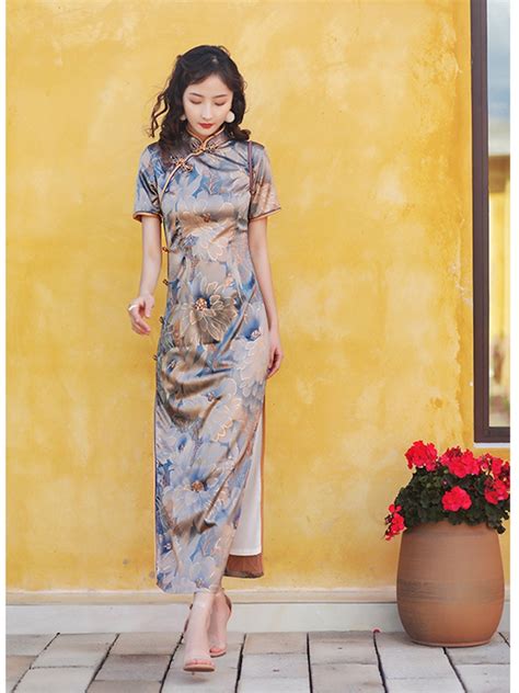 Long Cheongsam With Sexy Flower Pattern And High Splitchinese Etsy