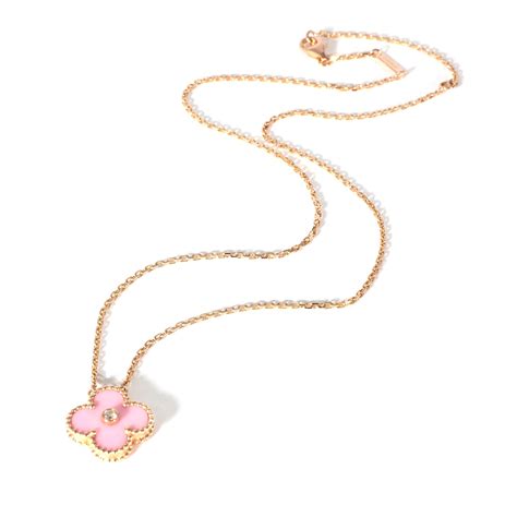 Van Cleef And Arpels Alhambra Pink Porcelain And Diamond Pendant 18k