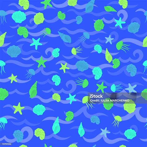 해상에서 영감을 받은 디자인의 완벽 한 바다 패턴 조개 불가사리와 해파리 들 바다 배경입니다 블루 오션 워터 웨이브 해양 생물 벡터 완벽 한 패턴입니다 0명에 대한 스톡