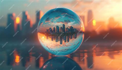 The World Inside A Soap Bubble Floating Whimsically Above A City Skyline Premium Ai Generated