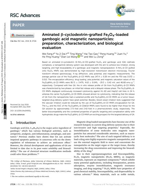 Pdf Aminated β Cyclodextrin Grafted Fe 3 O 4 Loaded Gambogic Acid