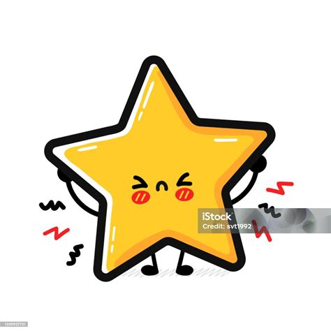 귀여운 재미 슬픈 불행한 스타 사인 캐릭터 벡터 핸드 그린 만화 가와이 캐릭터 일러스트 아이콘 흰색 배경에 격리 별 등급 기호 리뷰 낙서 문자 개념 0명에 대한 스톡 벡터