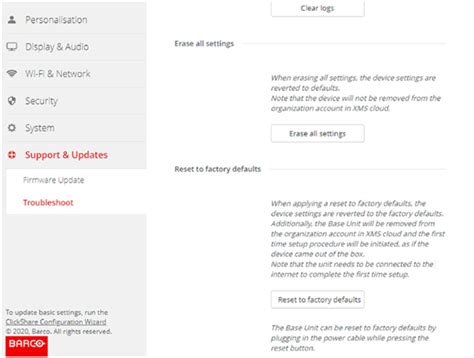 How To Carry Out A Factory Reset On Clickshare Cb Core Pro Cx 20 Cx 30 Cx 50 And C 5 C 10 Barco
