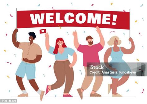 다양한 사람들이 환영 배너를 들고 있습니다 흰색 배경에 격리된 벡터 플랫 벡터 일러스트레이션입니다 개념에 대한 스톡 벡터 아트 및 기타 이미지 Istock
