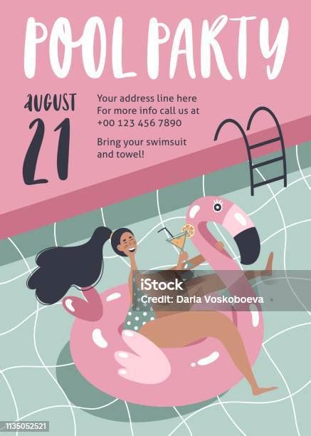 핑크 플라밍고 플 로트 서클에 수영 하는 여자와 수영장 여름 파티 포스터 또는 초대장 서식 파일 벡터 일러스트입니다 여름에 대한 스톡 벡터 아트 및 기타 이미지 Istock