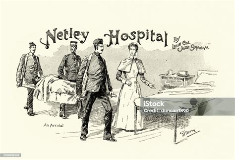 로열 빅토리아 병원으로 환자를 이송하는 들것 운반자 간호사 빅토리아 헬스케어 1890년대 19세기 19세기에 대한 스톡 벡터 아트 및 기타 이미지 Istock