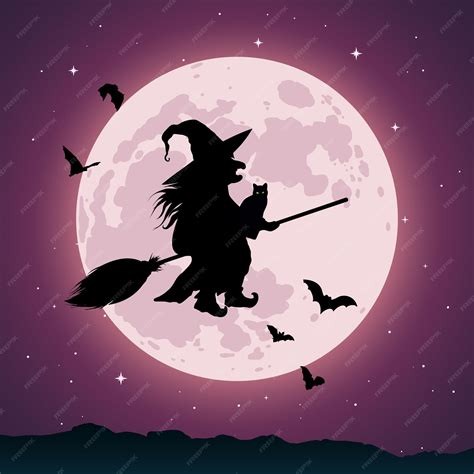 Premium Vector Witch Flying On A Broom On Full Moon Background